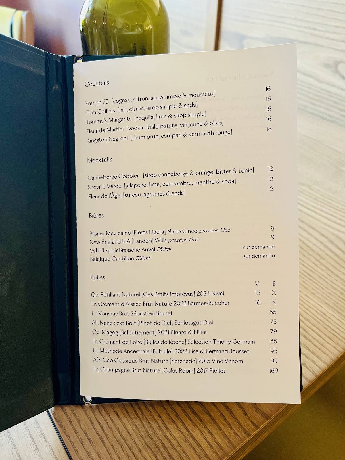 Menu au Restaurant Melba, Québec