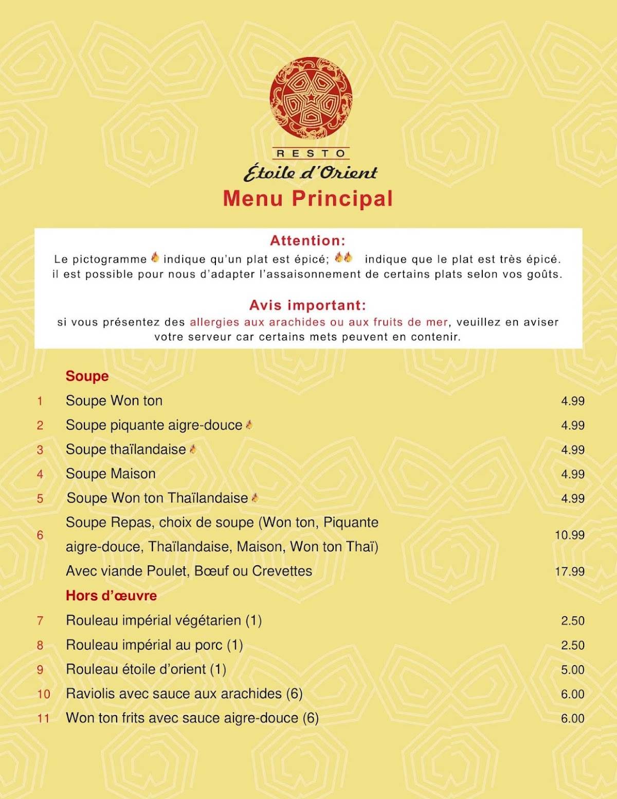 Menu au Resto Etoile D'Orient restaurant, Saint-Hyacinthe