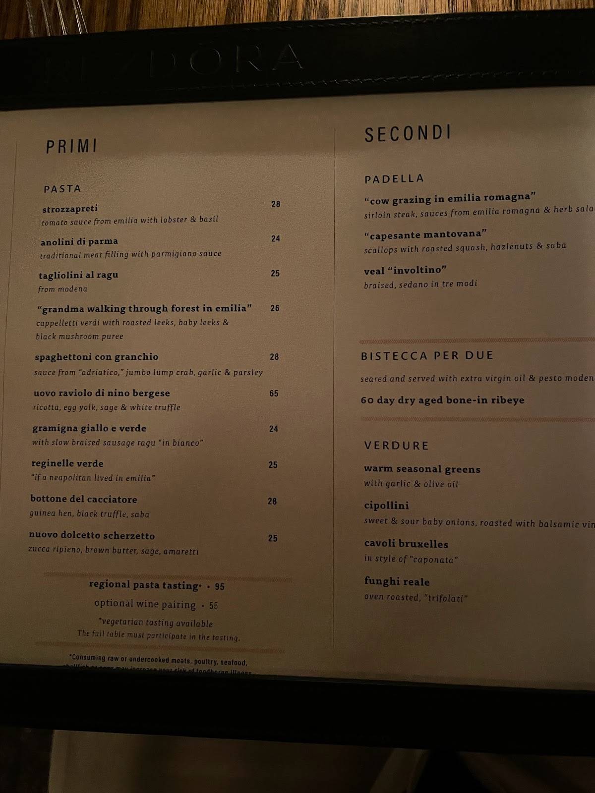 Menu at Rezdôra restaurant, New York City