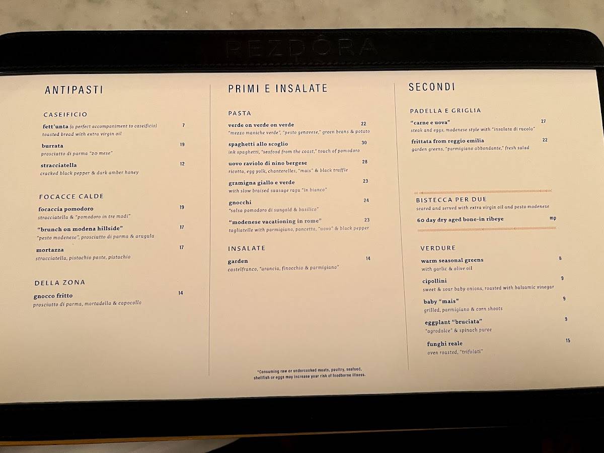 Menu at Rezdôra restaurant, New York City