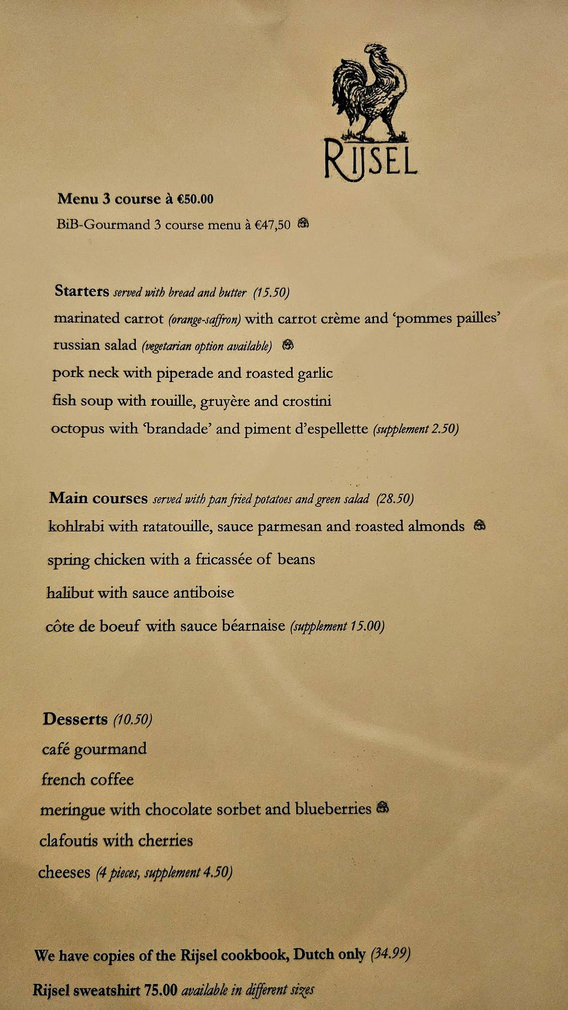 Menu at Rijsel, Amsterdam
