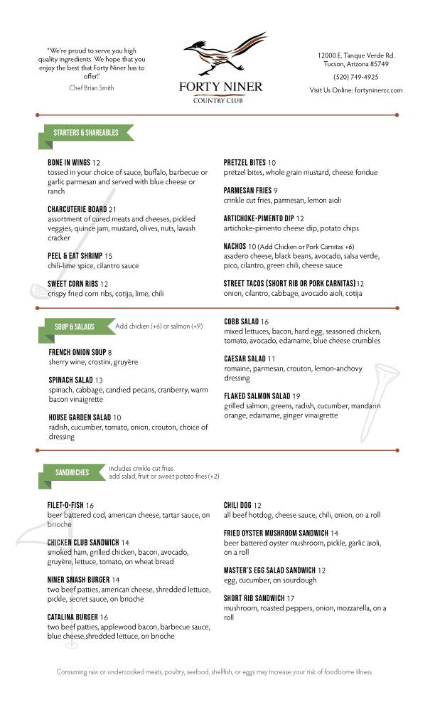 Menu at Forty Niner - Rincon Mountain Grill restaurant, Tucson