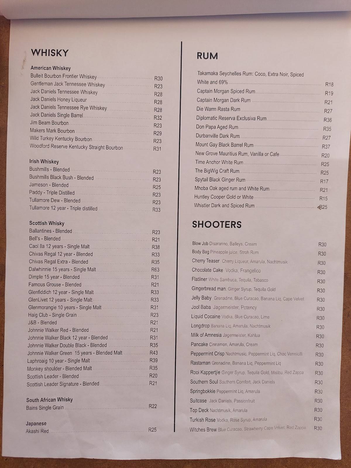 Menu at River Café restaurant, Potchefstroom
