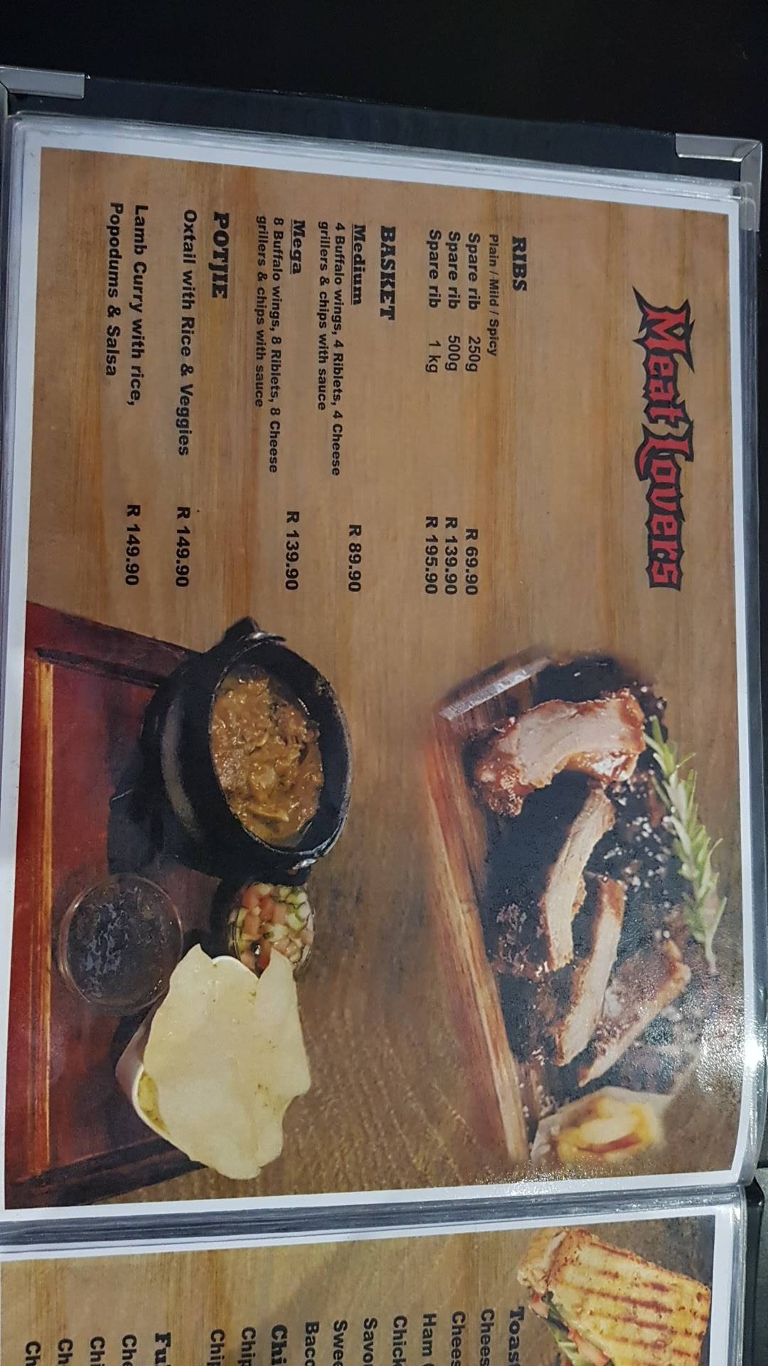 Menu at Rockofellos restaurant, Rustenburg