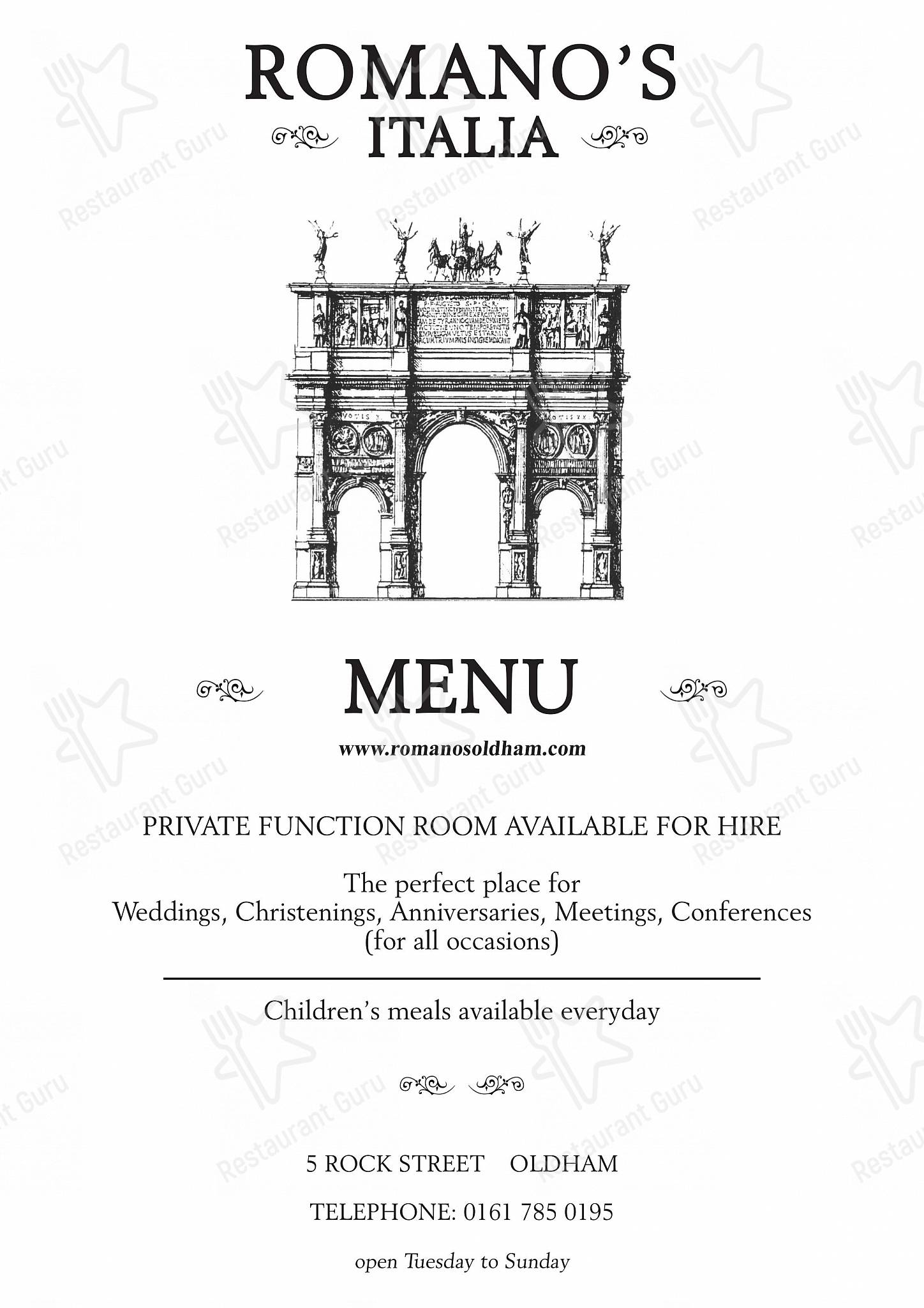 Menu at Romanos Oldham restaurant, Oldham