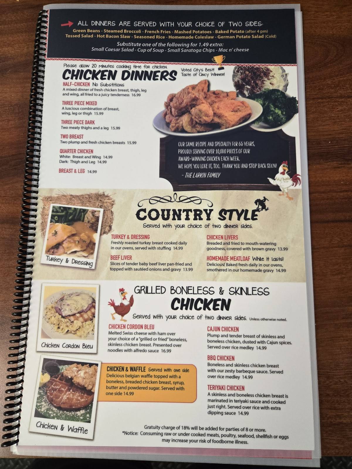 Menu at Ron's Roost restaurant, Cincinnati