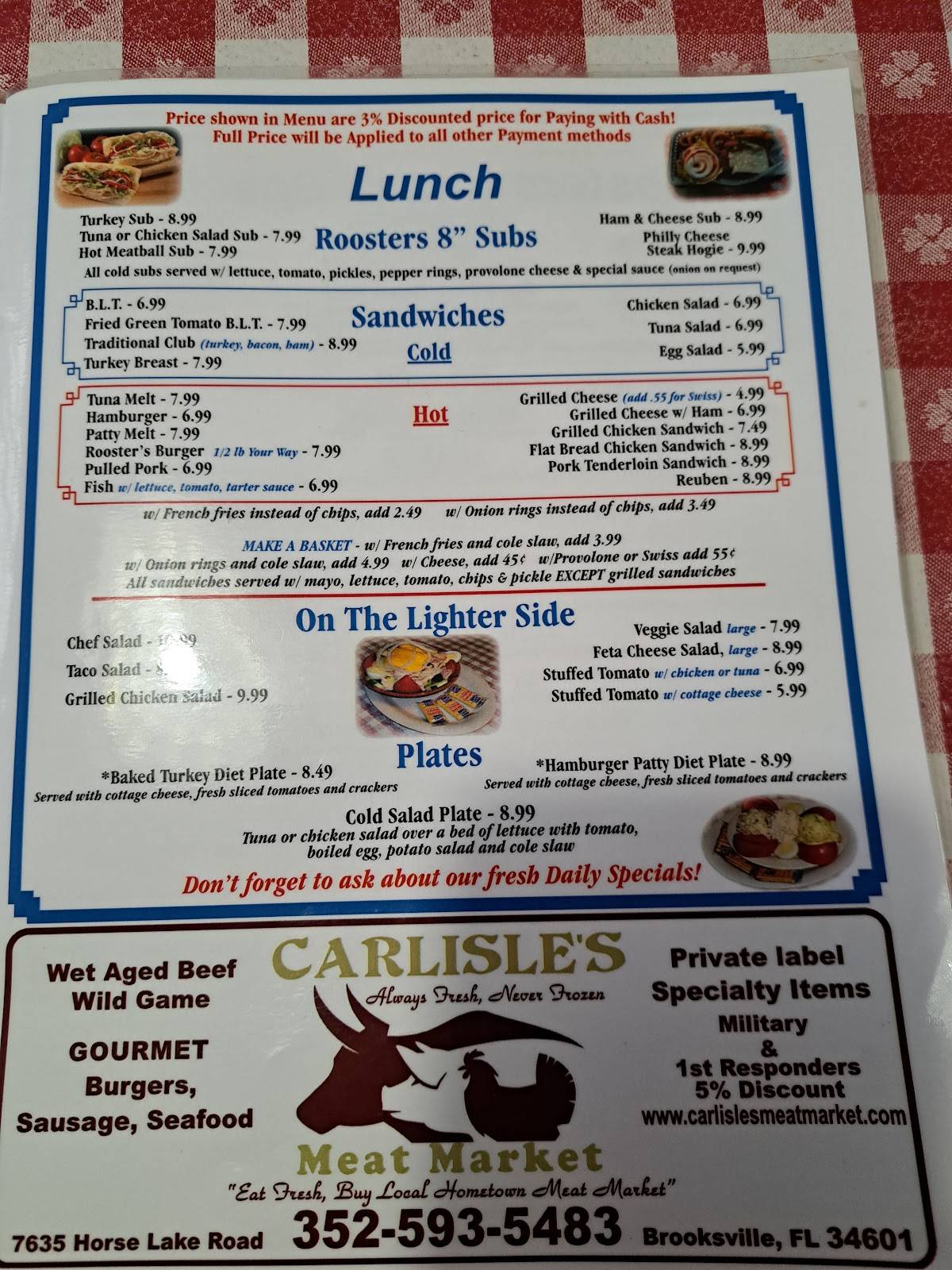 Menu at Roosters Cafe, Brooksville