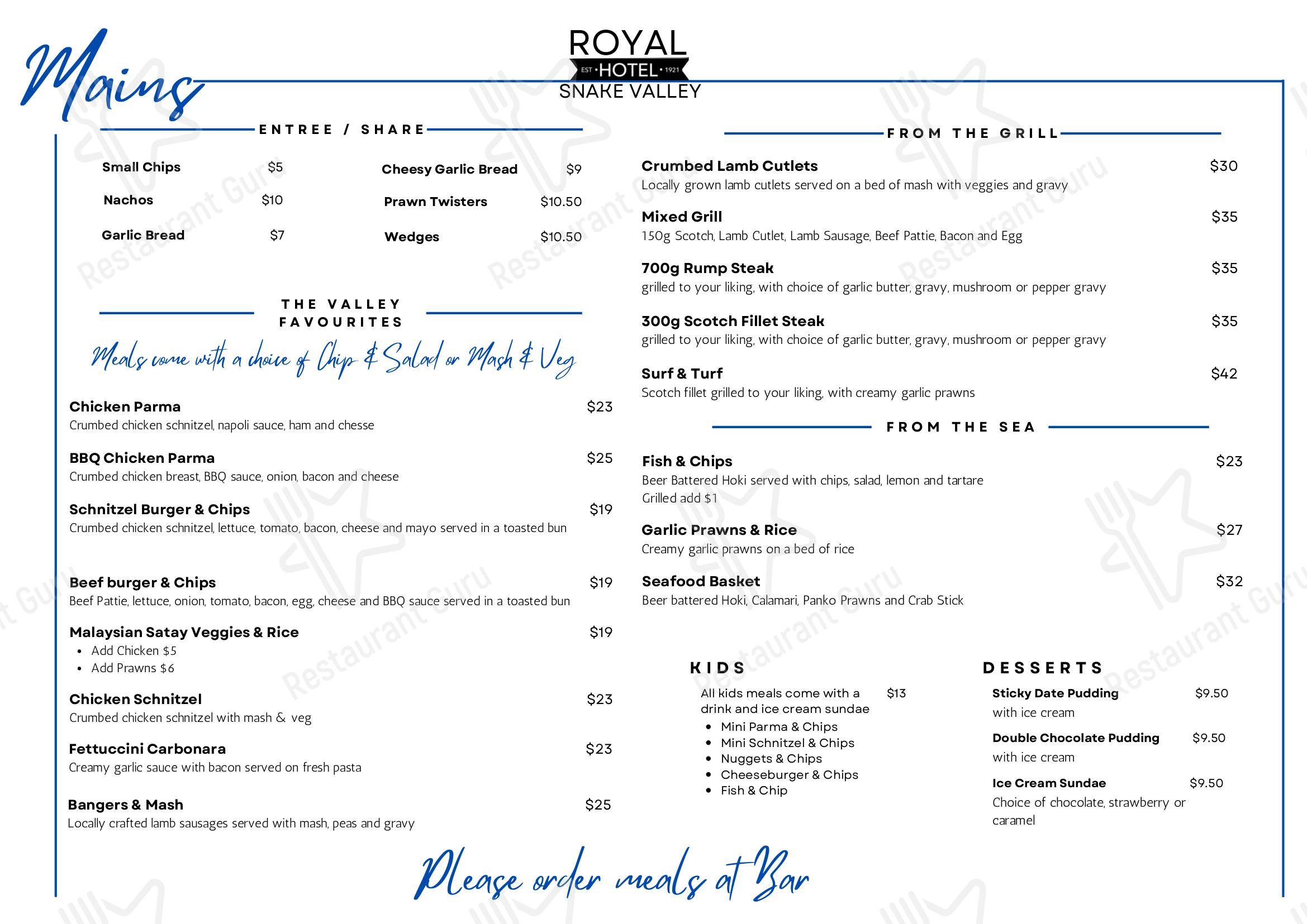 Menu at Royal Hotel Snake Valley pub & bar, Snake Valley