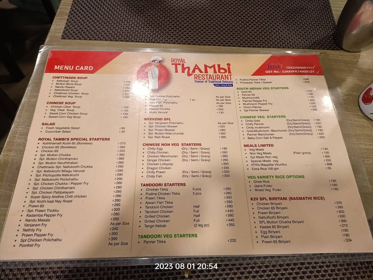 Menu at Royal thambi restaurant, Chennai