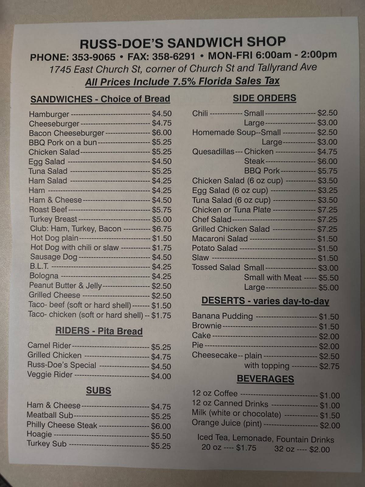 Menu at Russ-Doe's Sandwich Shop fast food, Jacksonville