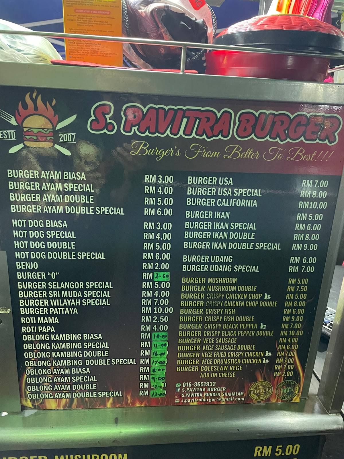 Menu at S.Pavitra Burger Stall restaurant, Shah Alam