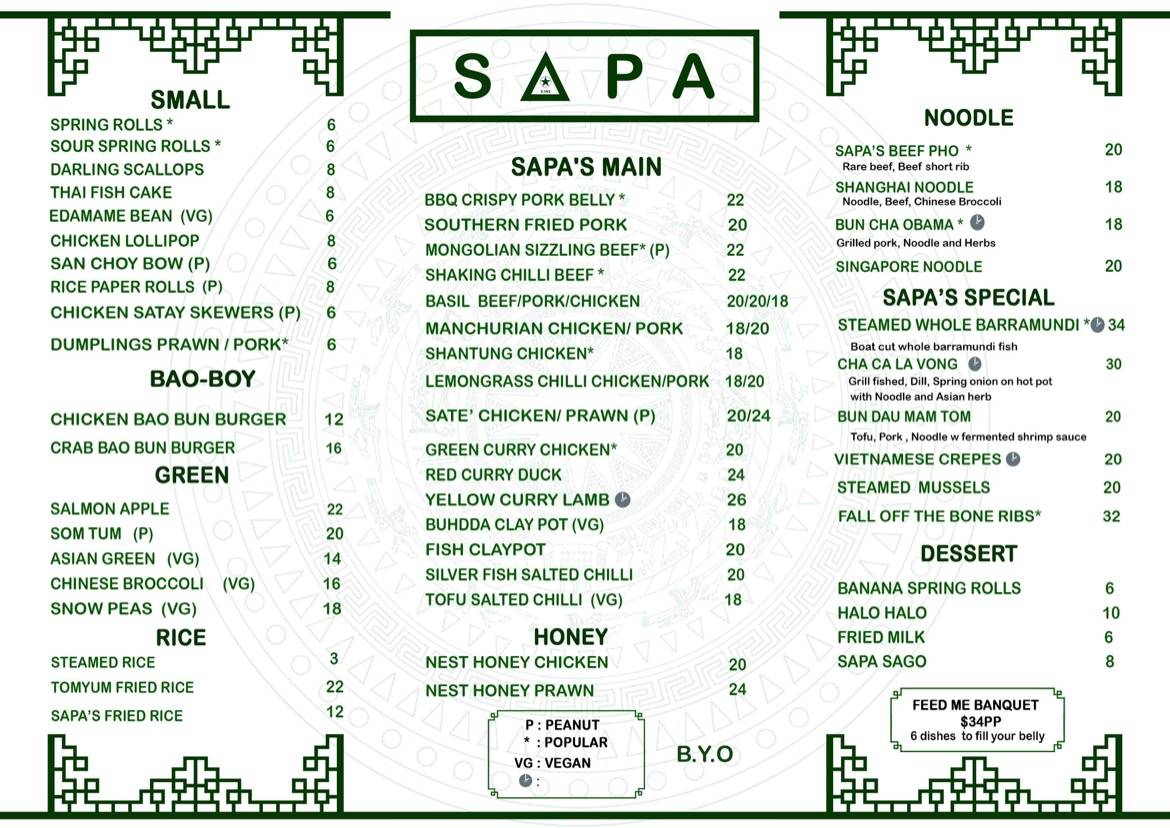 Menu at SaPa Asian fusion restaurant, Mawson