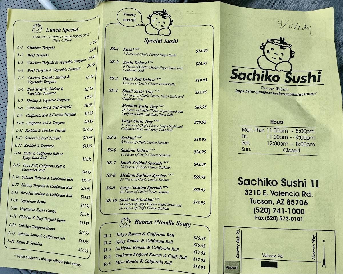 Menu at Sachiko Sushi restaurant, Tucson, E Valencia Rd