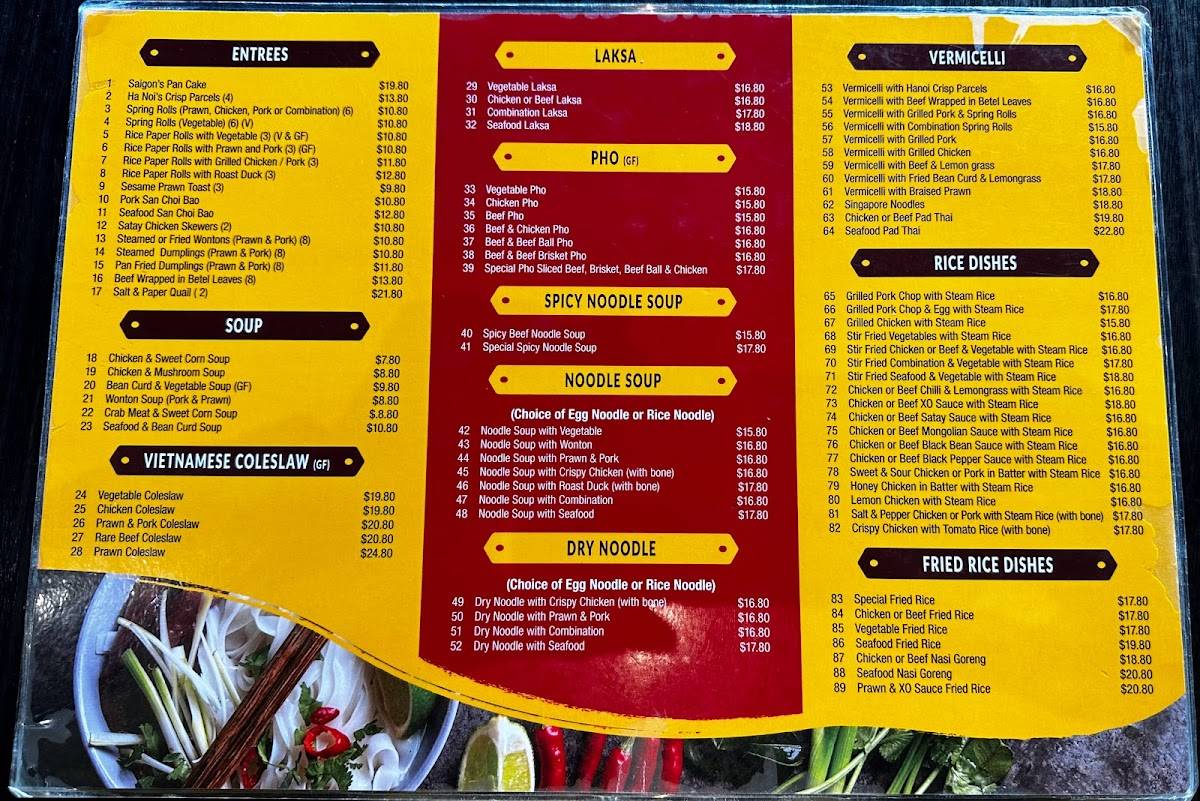 Menu at Saigon Noodle House restaurant, Ballarat Central