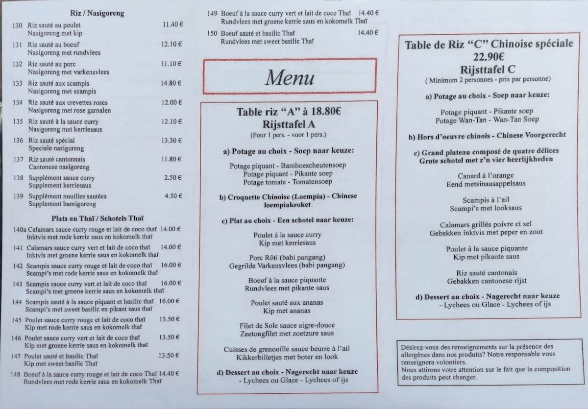 Menu au Restaurant «Sainte Fontaine»chinois, Wemmel, De Limburg ...