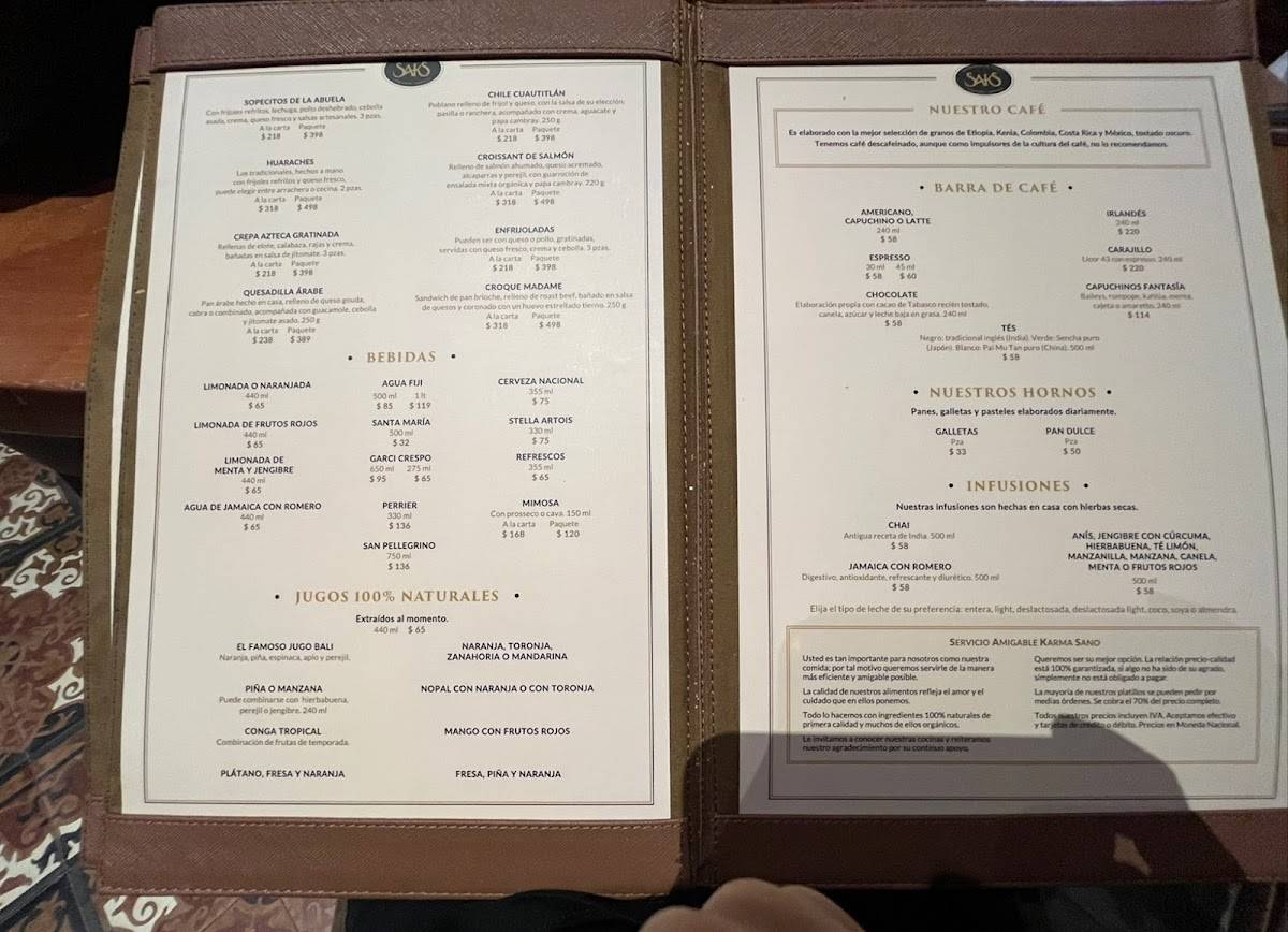 Carta del restaurante Saks San Ángel, Ciudad del México, Pl. San Jacinto 9