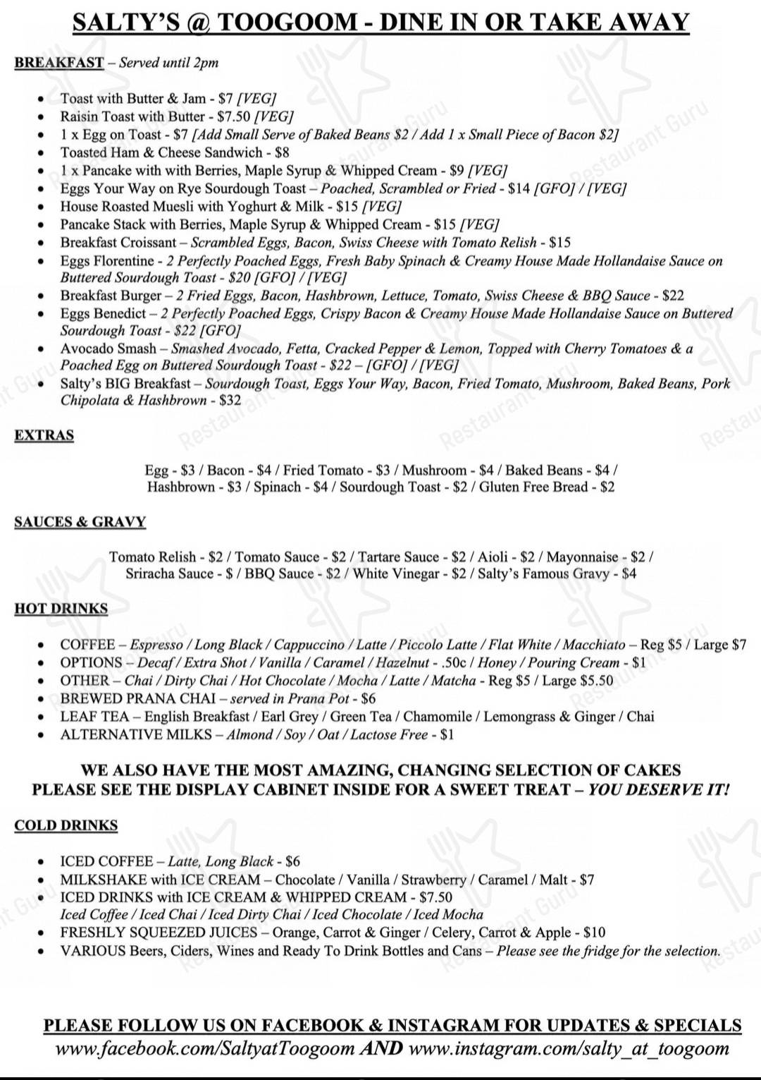 Menu at Salty at Toogoom restaurant, Toogoom
