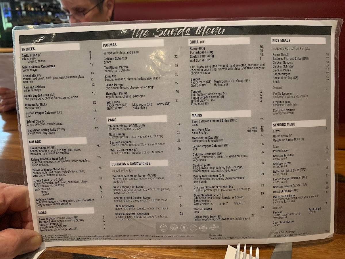 Menu at Sands Hotel restaurant, Carrum Downs