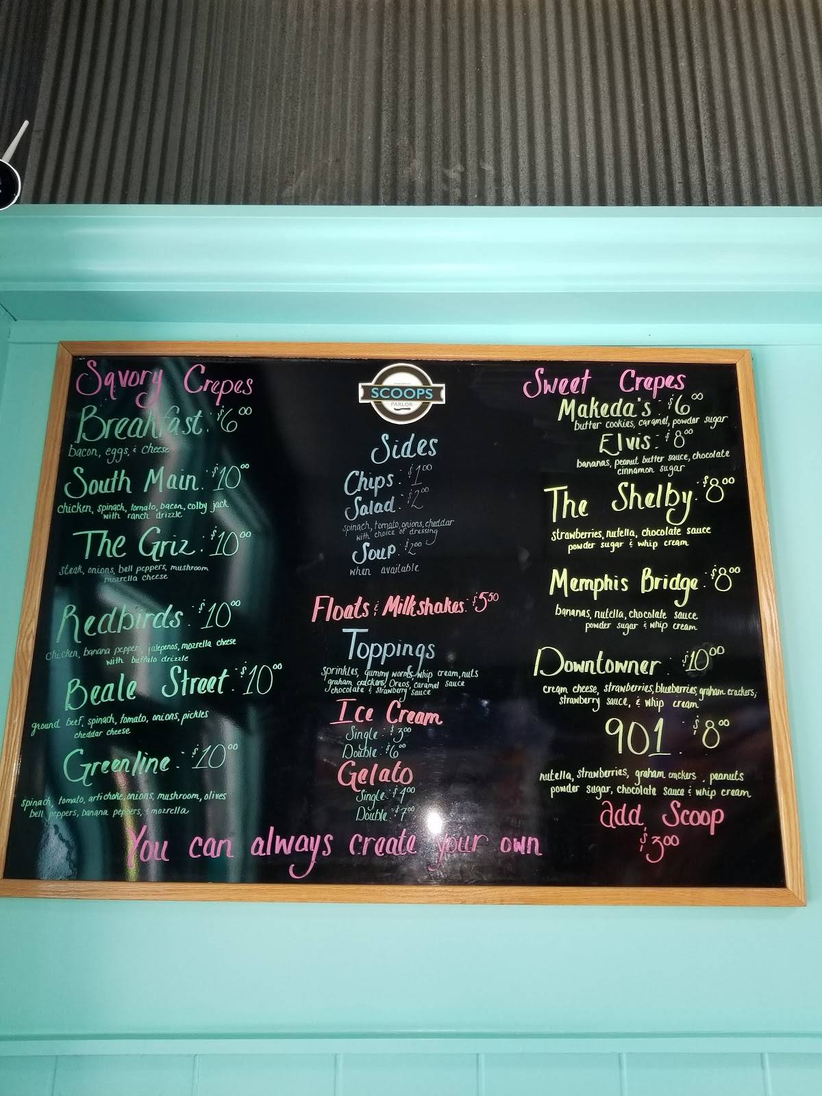 Menu at Scoops Parlor restaurant, Memphis