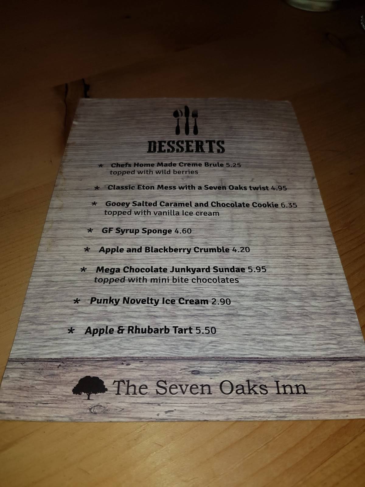 Menu at Seven Oaks Inn restaurant, Ilkeston