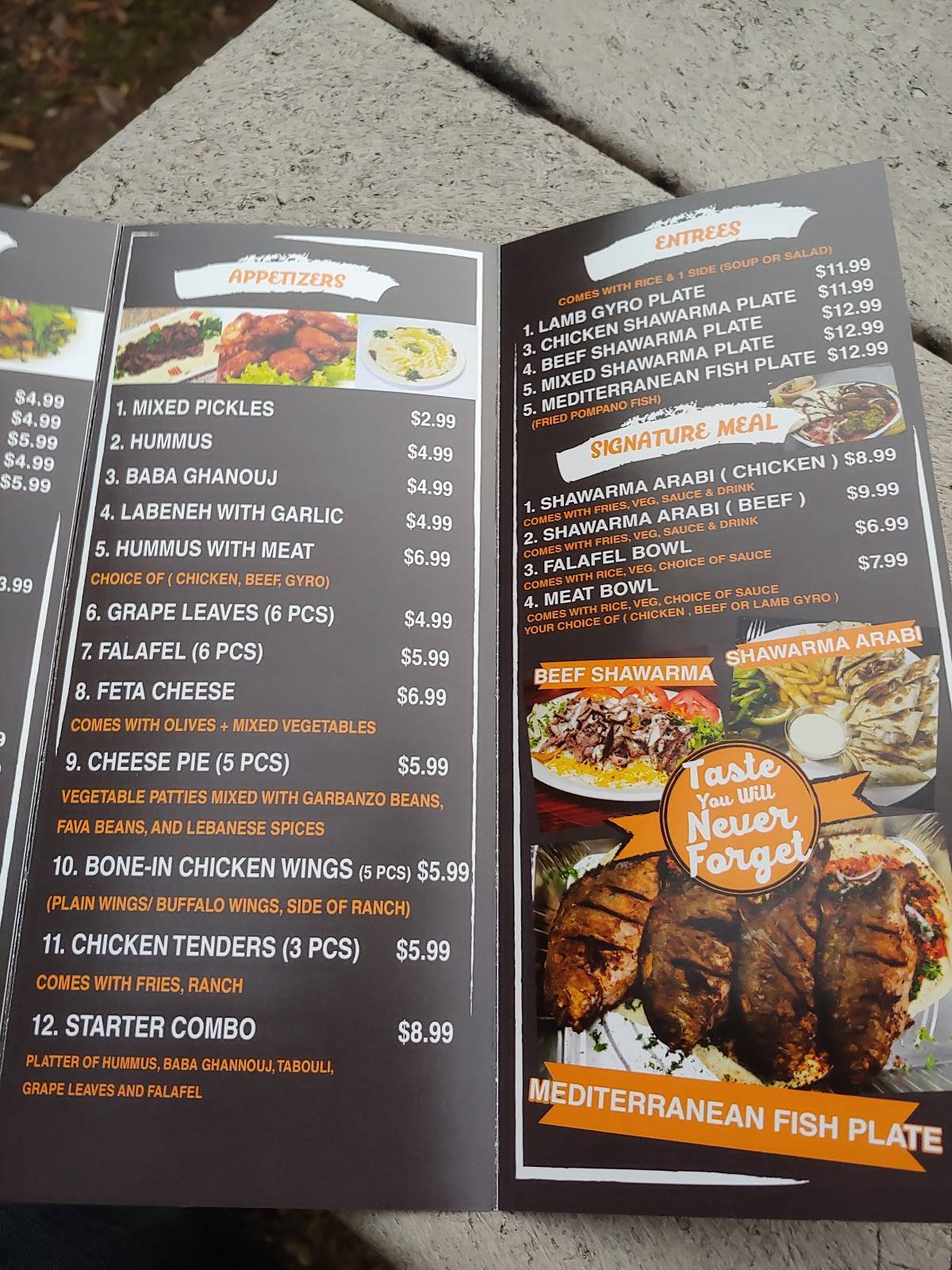 Menu at Shawarma World restaurant, Irving