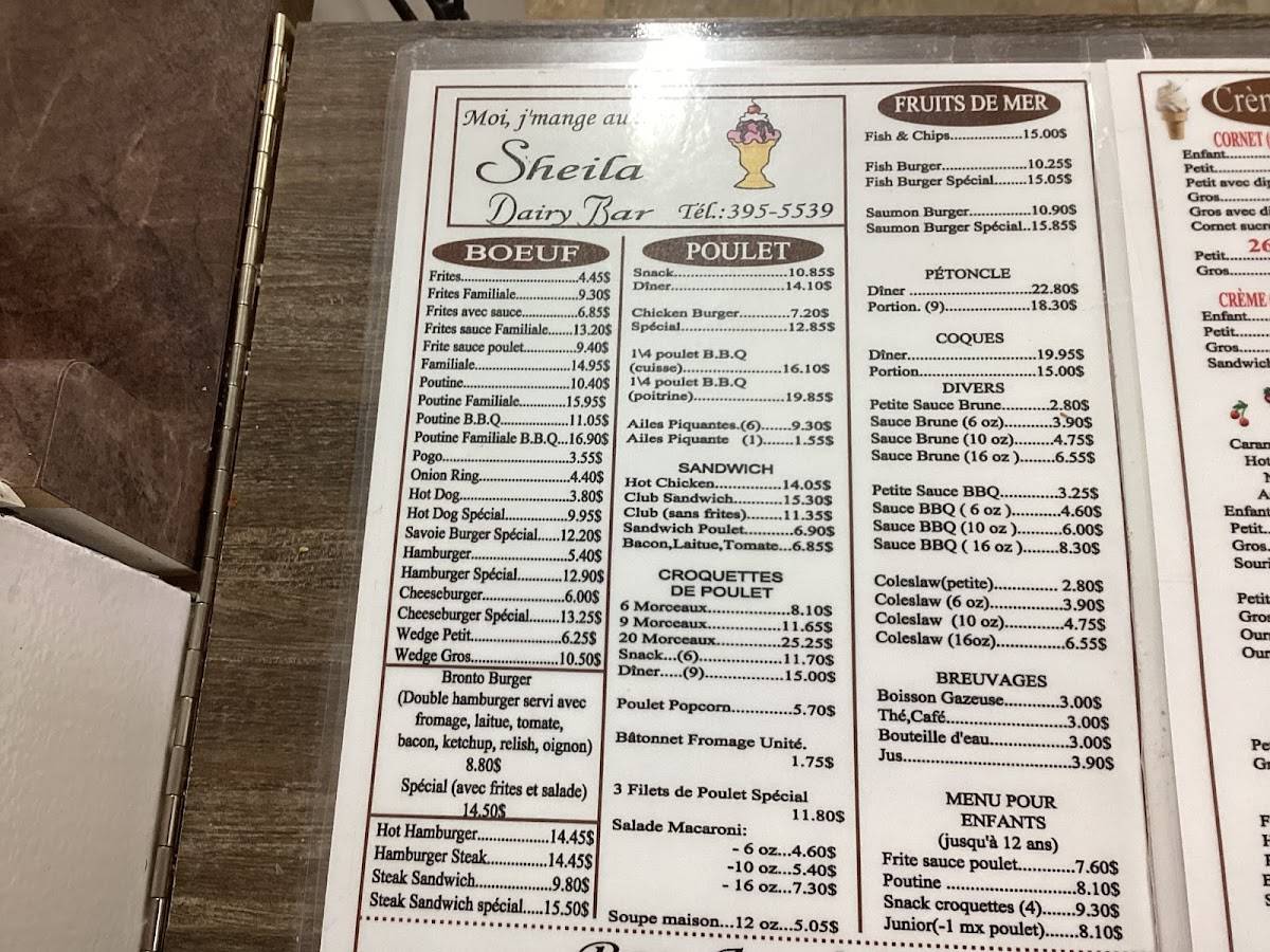 Menu at Sheila Dairy Bar Restaurant et Crème glacée, Tracadie-Sheila