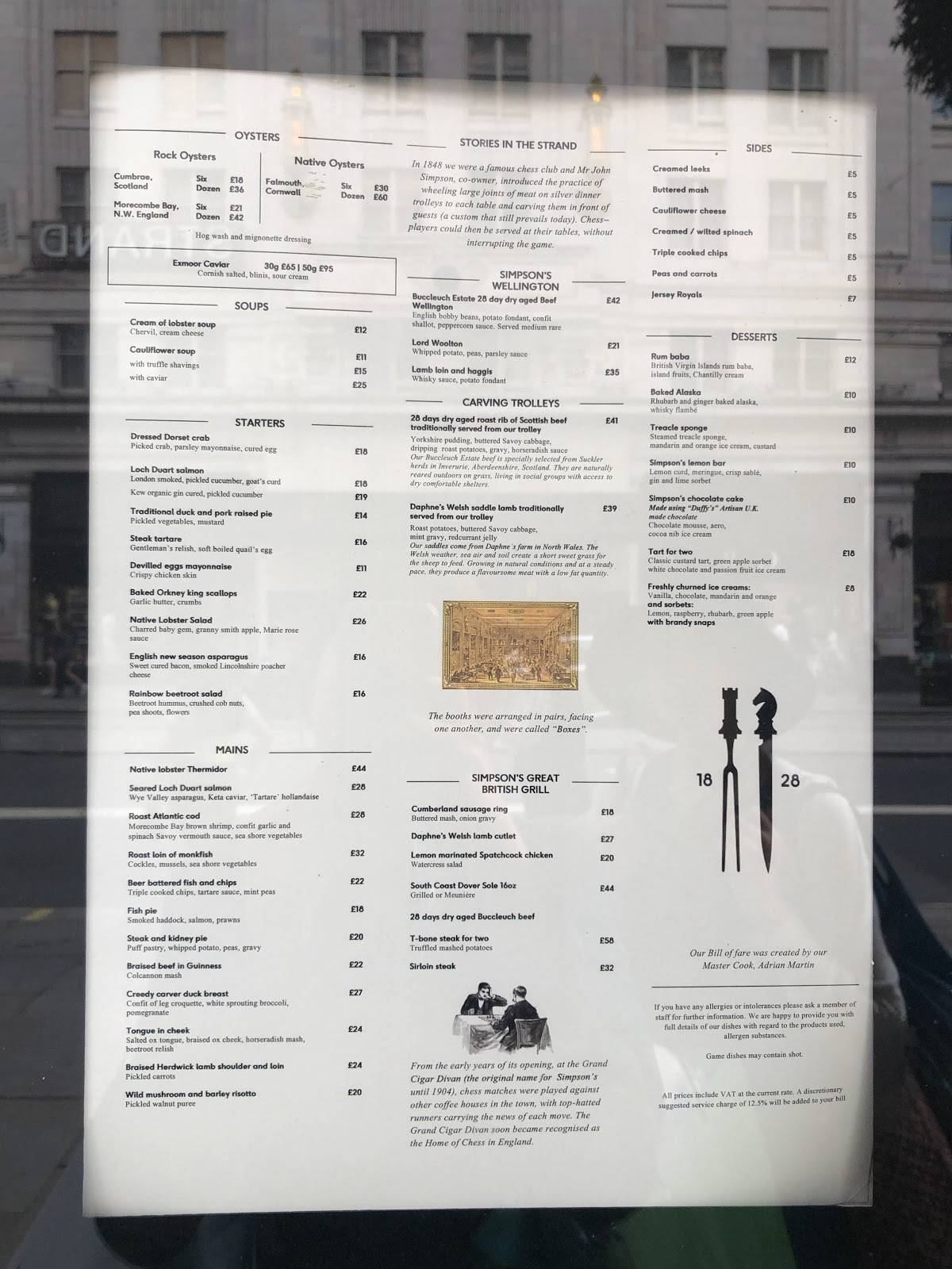 Menu at Simpson's in the Strand restaurant, London