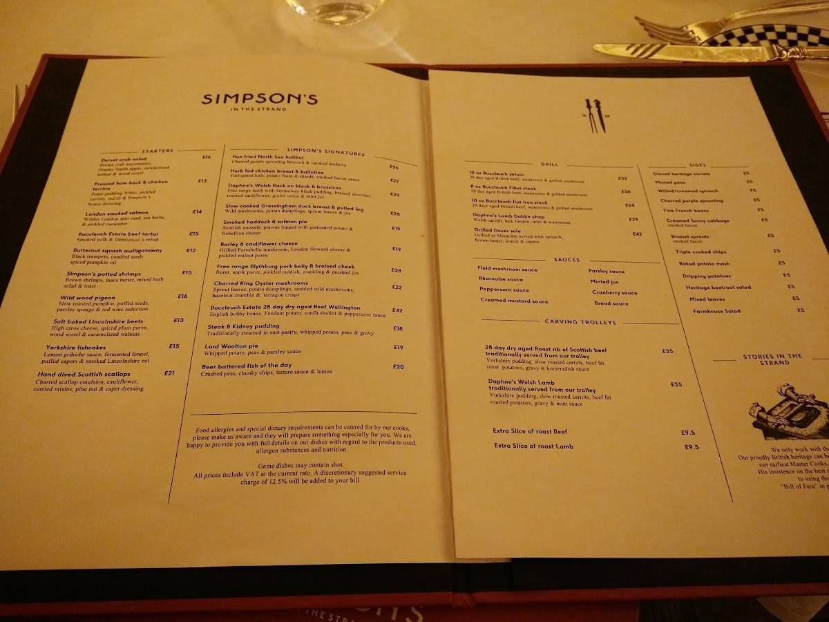 Menu at Simpson's in the Strand restaurant, London