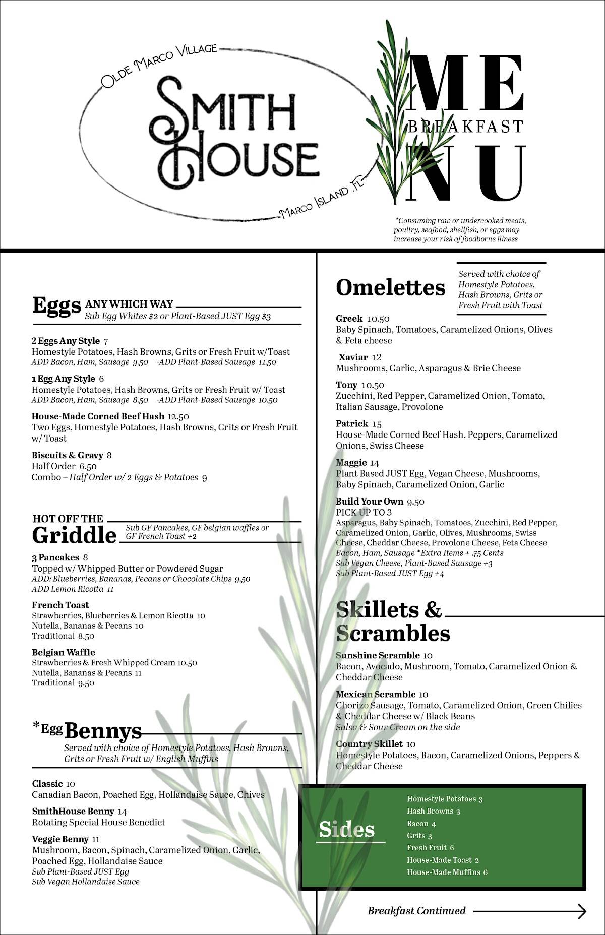 Menu at Smith House restaurant, Marco Island