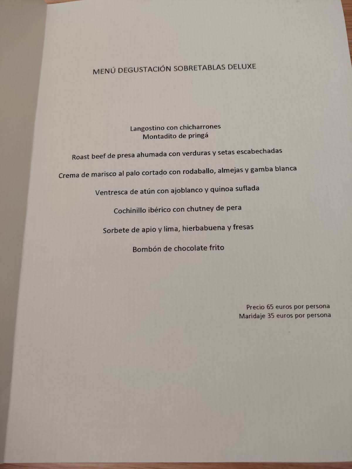 Menu at Sobretablas restaurant, Seville
