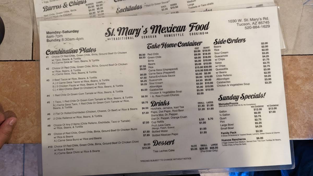 Menu at St. Mary's Mexican Food restaurant, Tucson