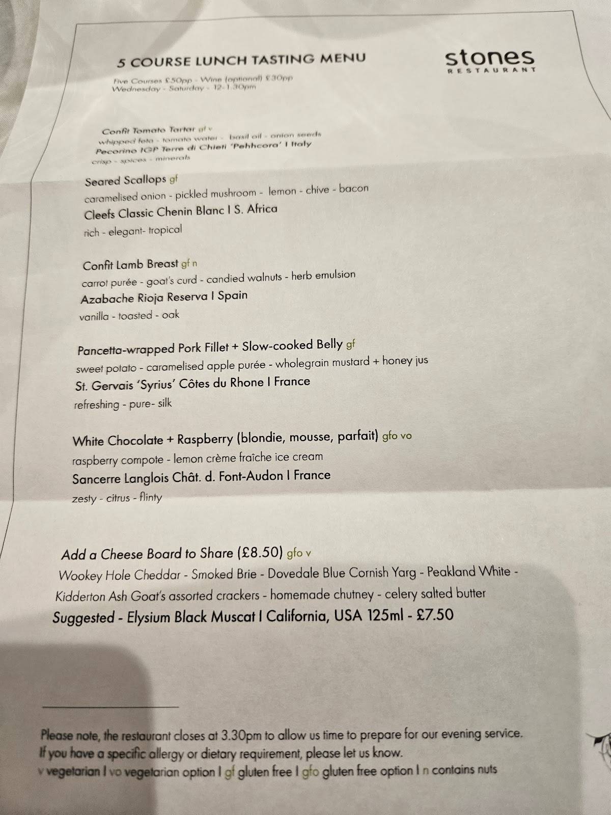 Menu at Stones restaurant, Matlock