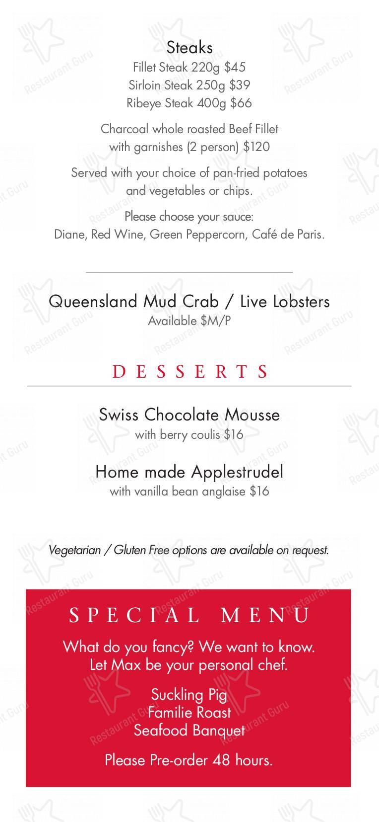 Menu at Stuyvesant's House restaurant, Crows Nest, 45 Alexander St