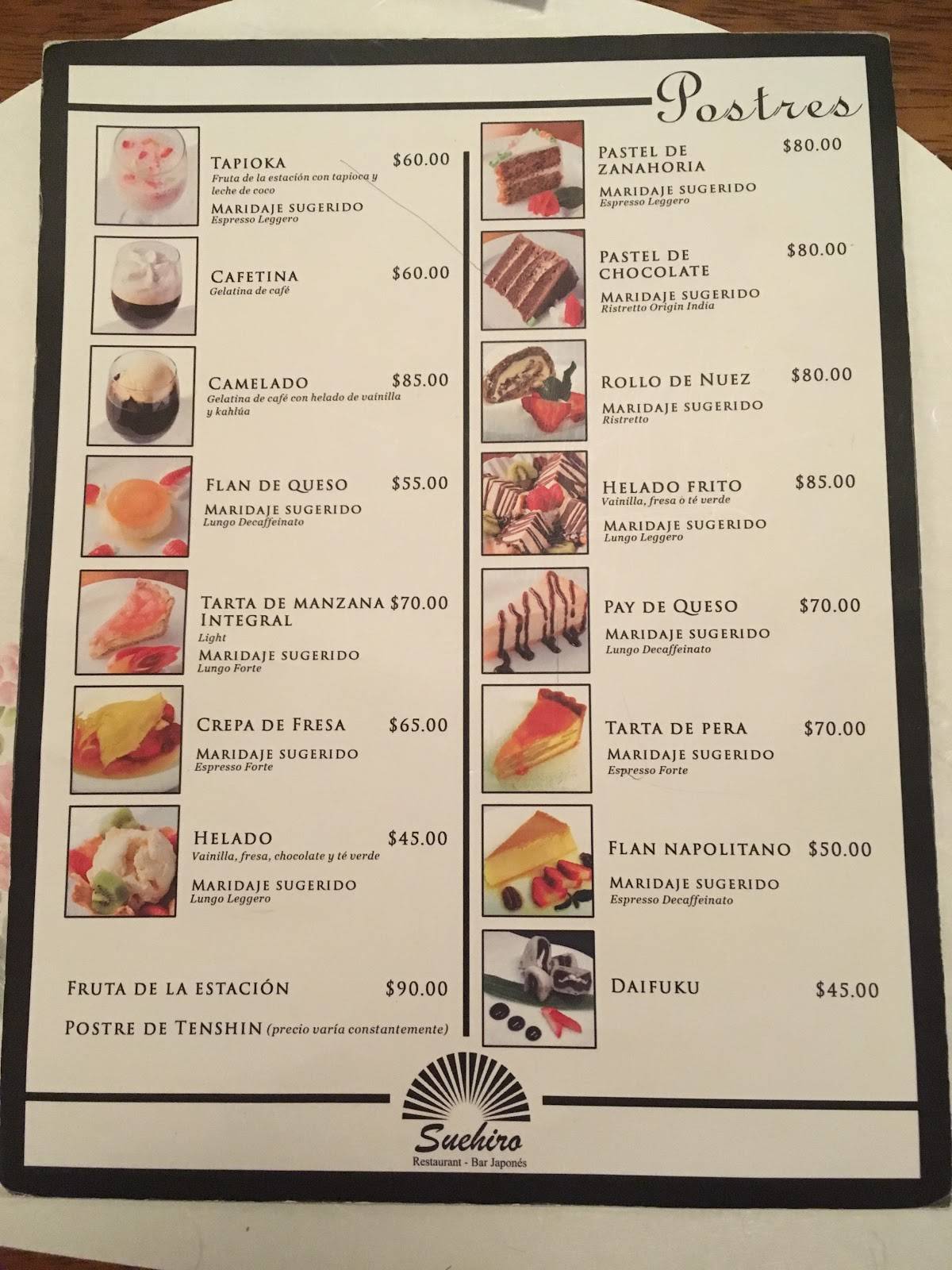 Carta del restaurante Suehiro, Guadalajara