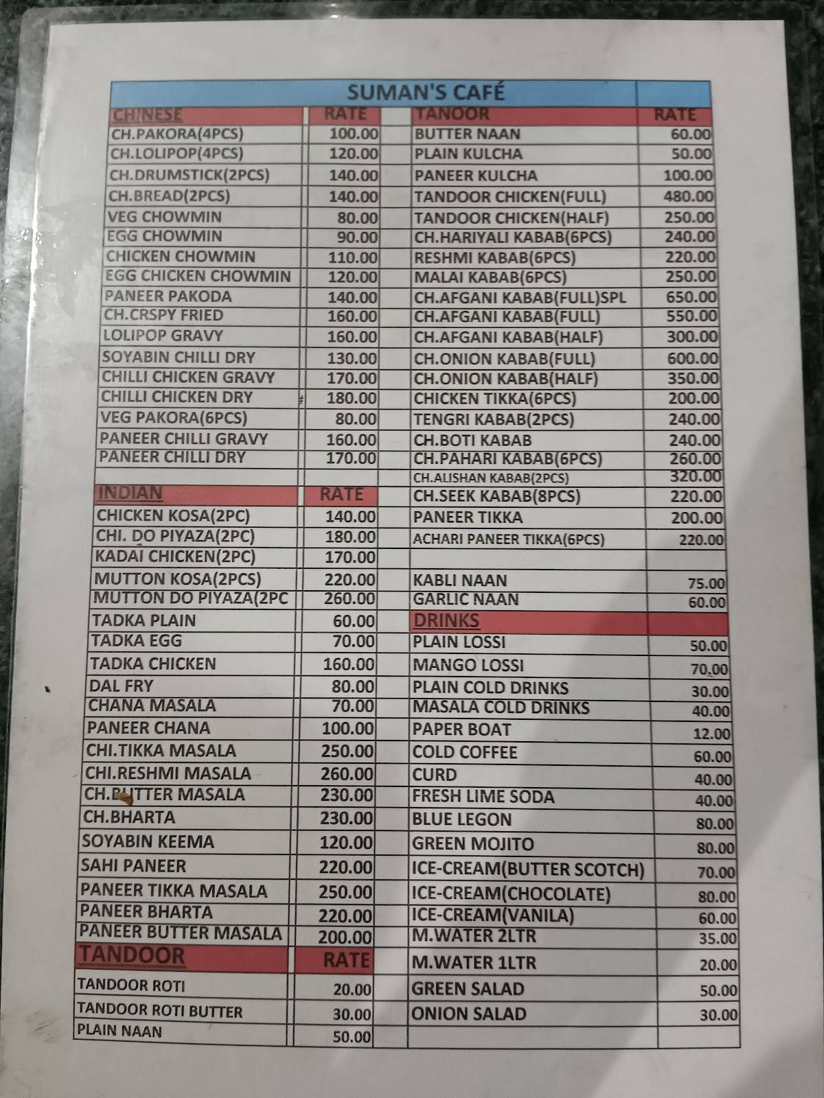 Menu at Suman's Cafe, India, 49XQ+6RC