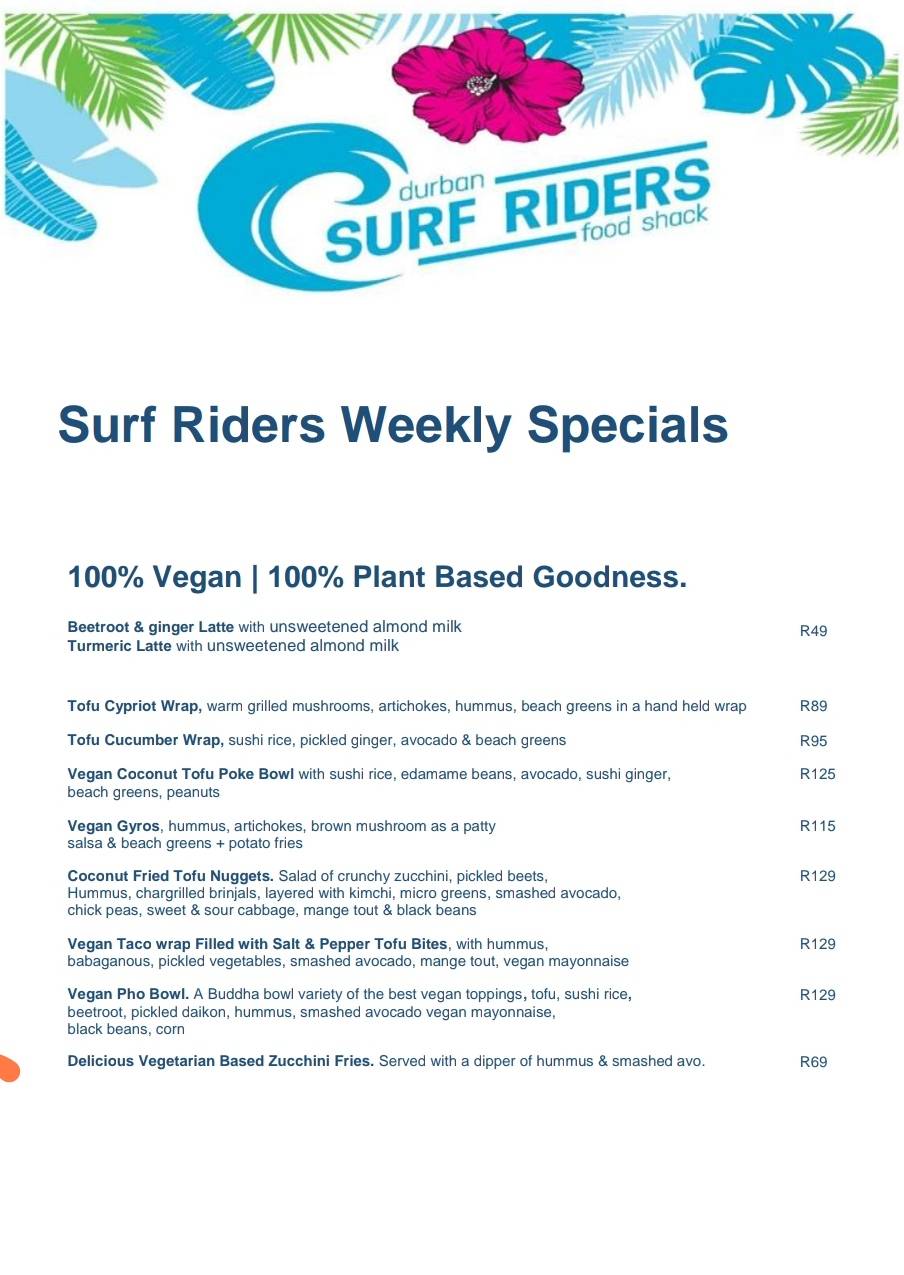 Menu at SURF RIDERS SOUTH BEACH @ BEACHFRONT restaurant, Durban