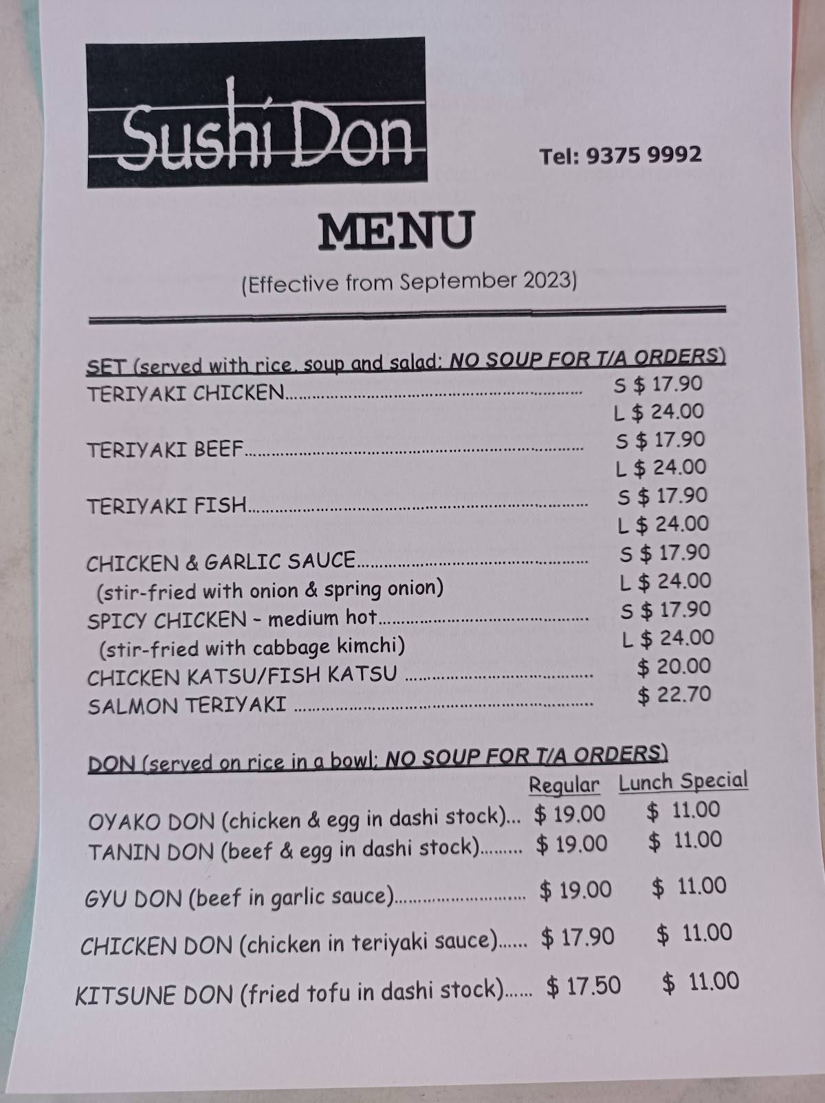 Menu at Sushi Don restaurant, Morley