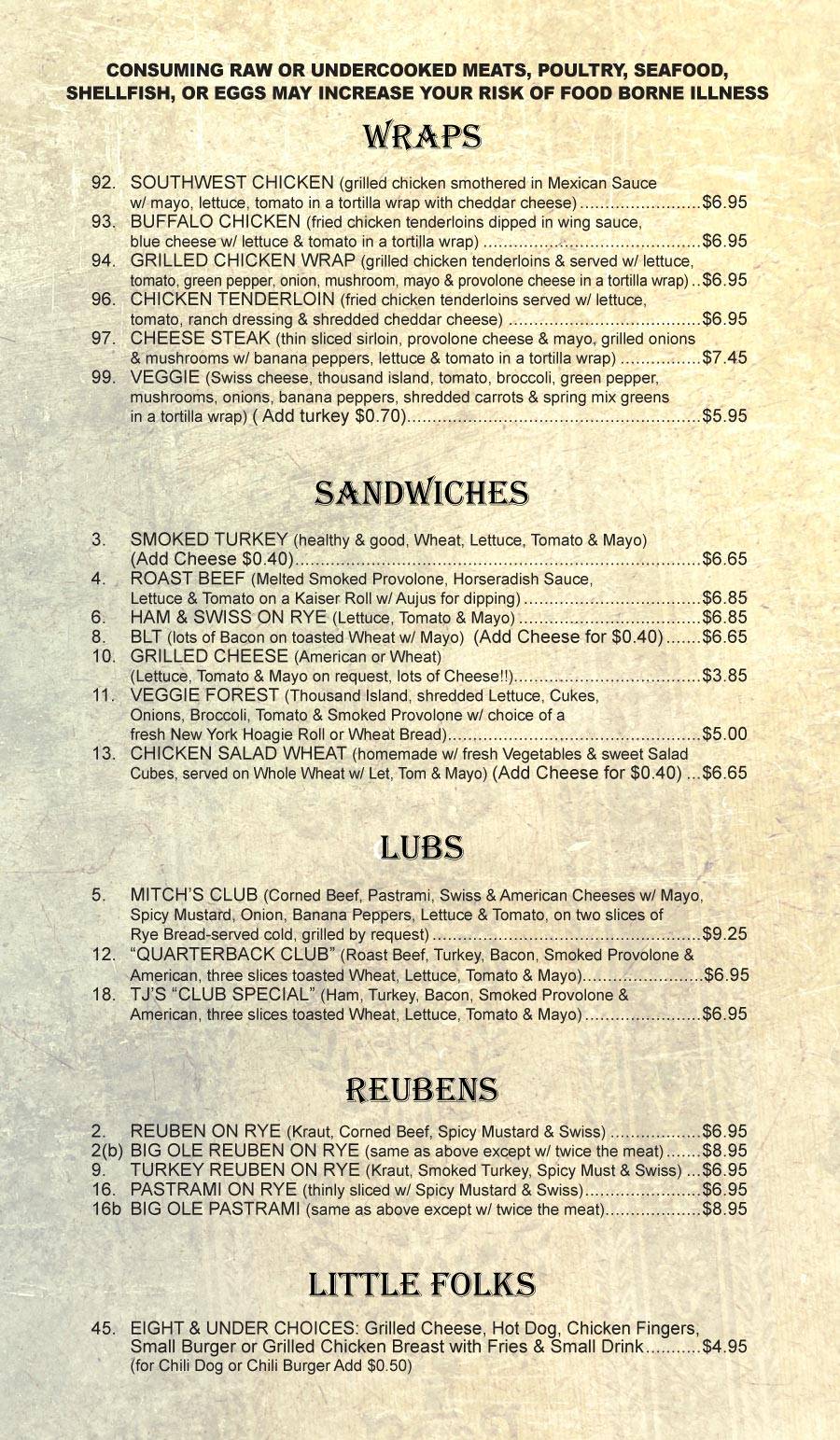 Menu at TJ's Deli & Grill restaurant, Winston-Salem, Country Club Rd