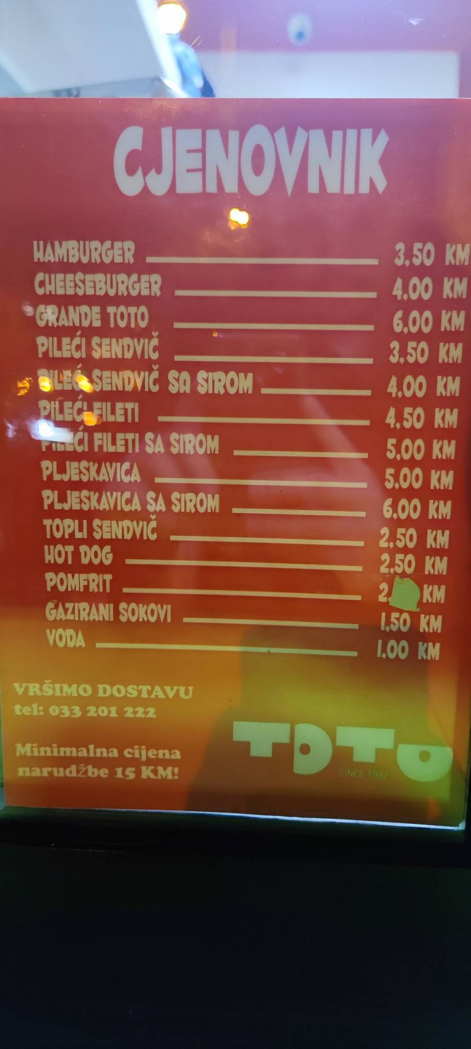 Menu at TOTO Fast Food, Sarajevo