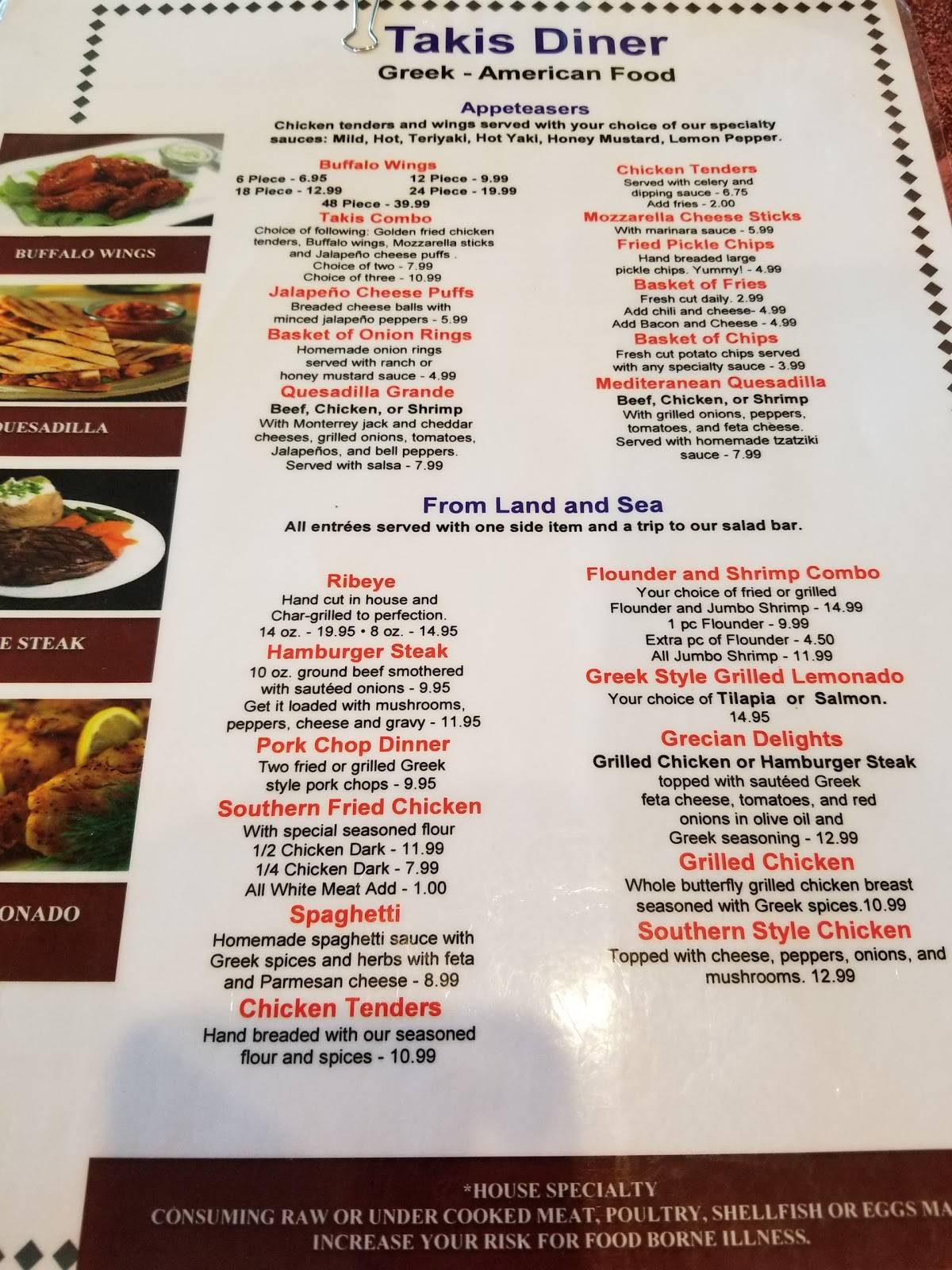 Menu at Takis Diner restaurant, Darlington