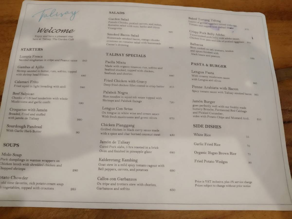 Menu at Talisay The Garden Cafe, Quezon City