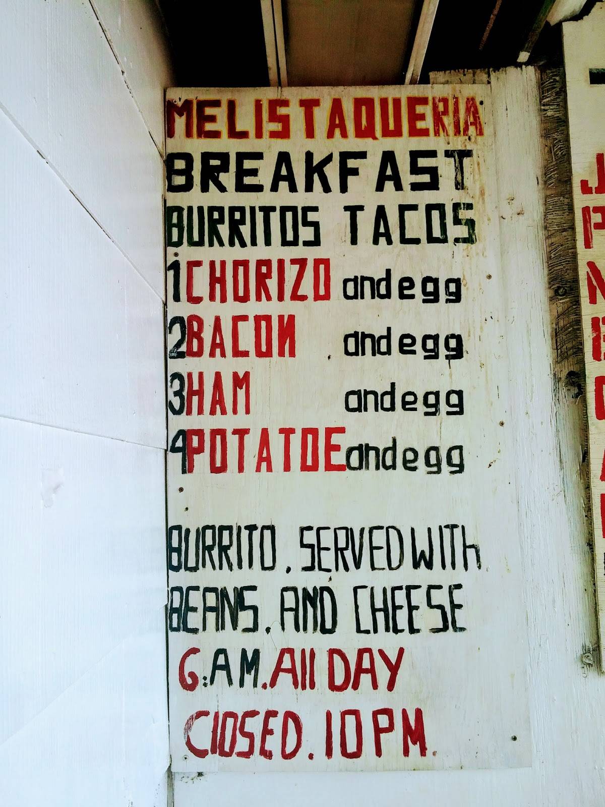 Menu at Taqueria Melis restaurant, Fort Worth