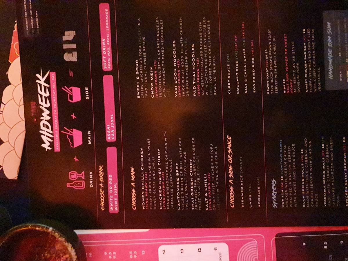 Menu at Tayu Pan Asian restaurant, Gateshead