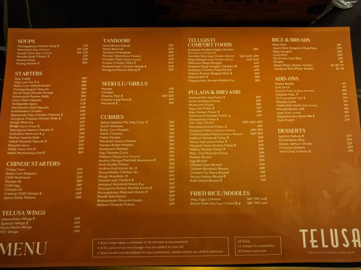 Menu at Telusa Telugu Kitchen and Bar, Hyderabad