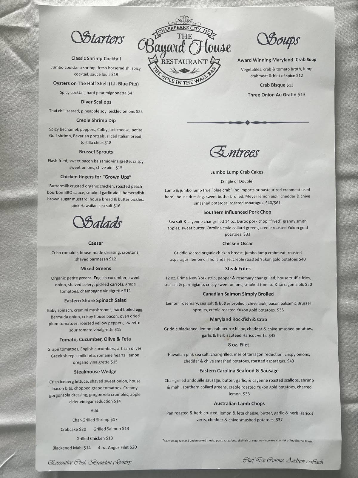 Menu at The Bayard House Restaurant, Chesapeake City