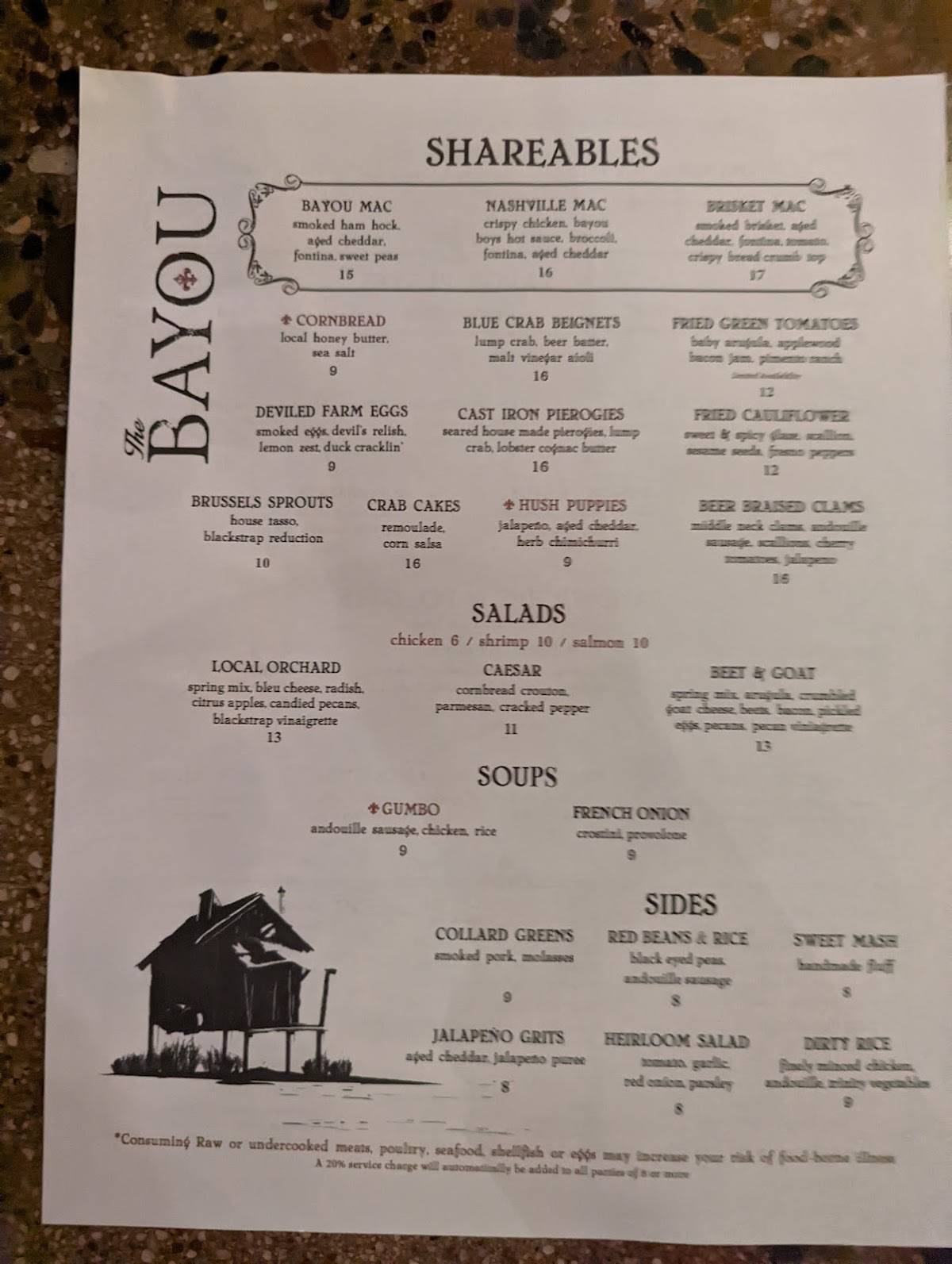 Menu at The Bayou restaurant, Bethlehem