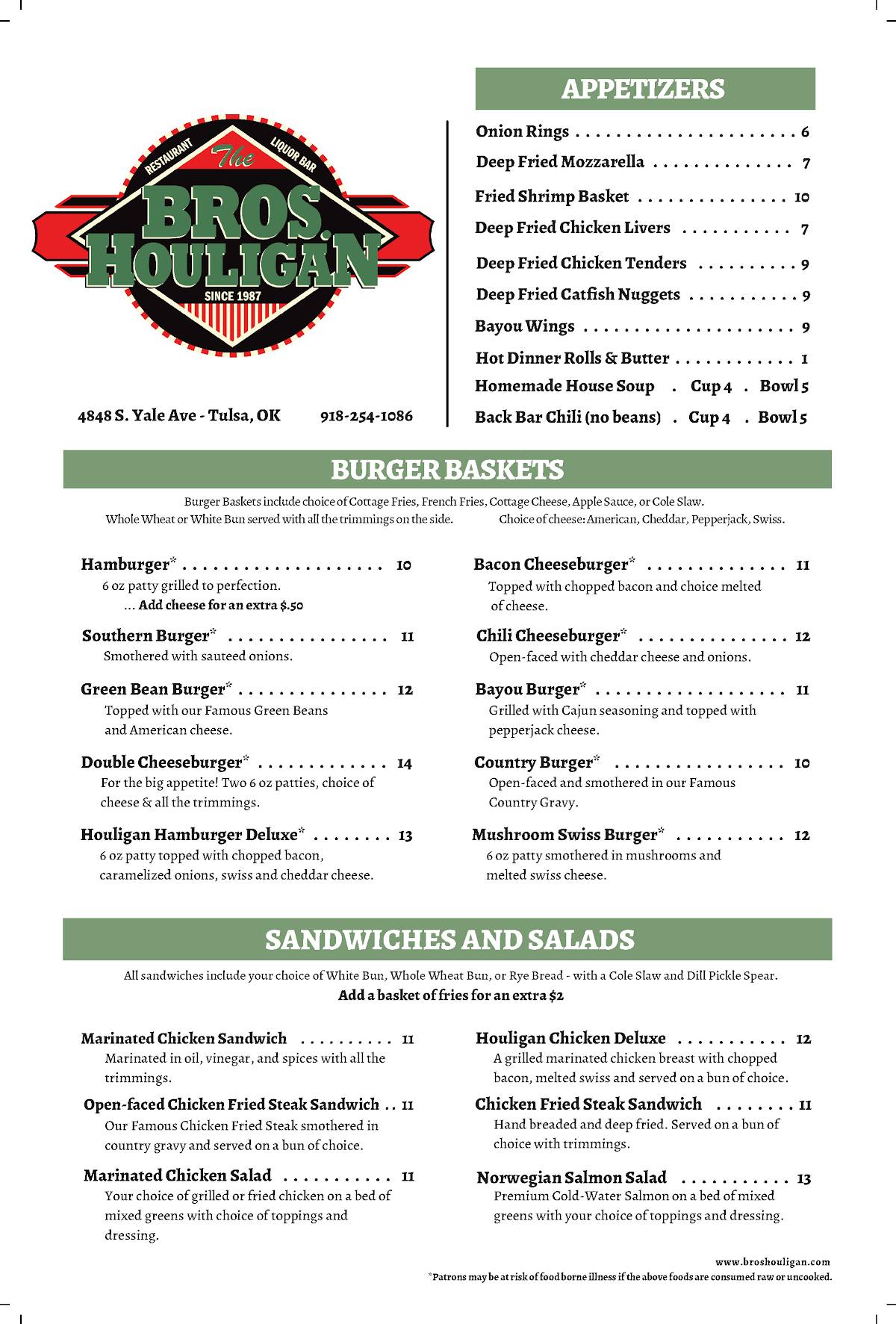 Menu at The Bros. Houligan restaurant, Tulsa, E 15th St