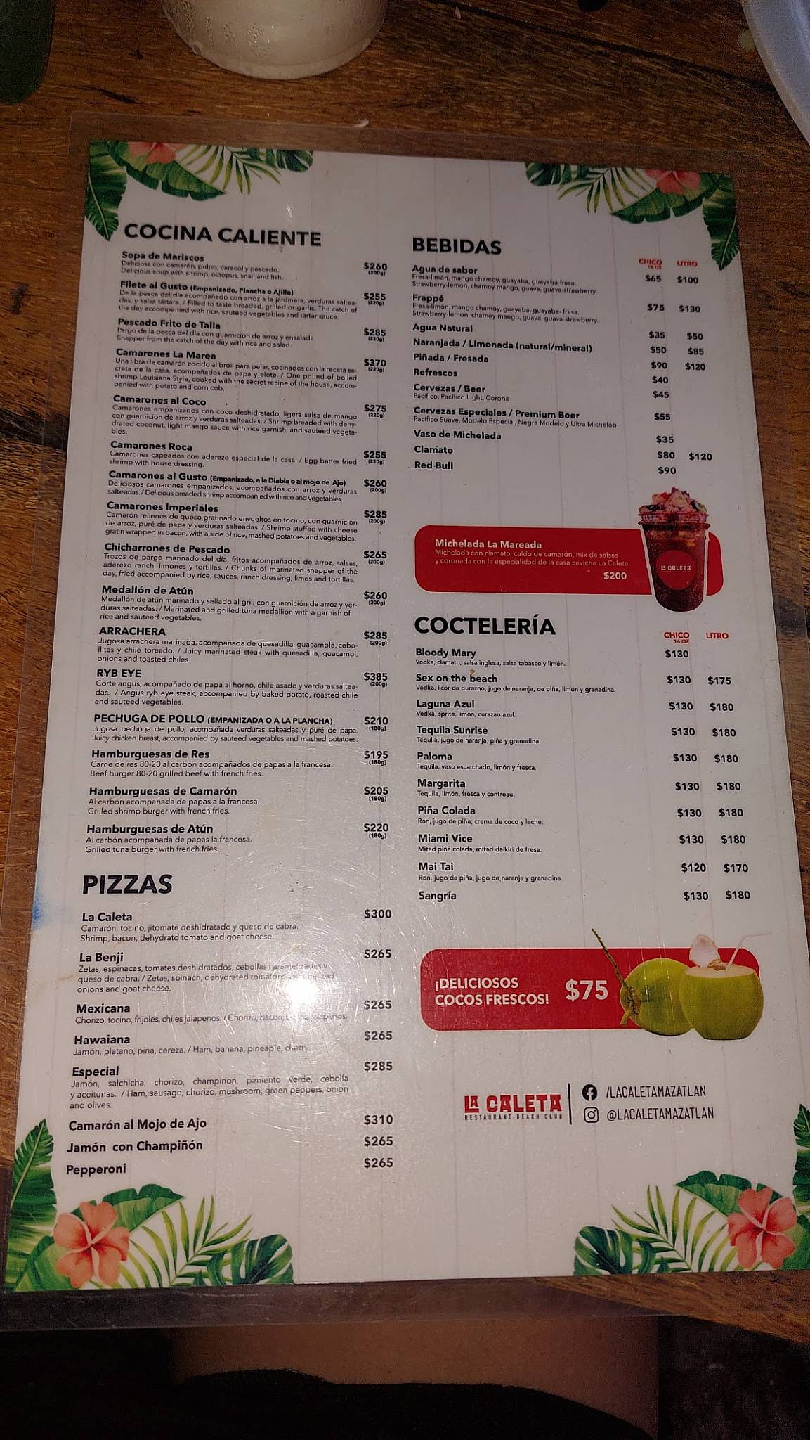 Carta del restaurante La Caleta, Mazatlán