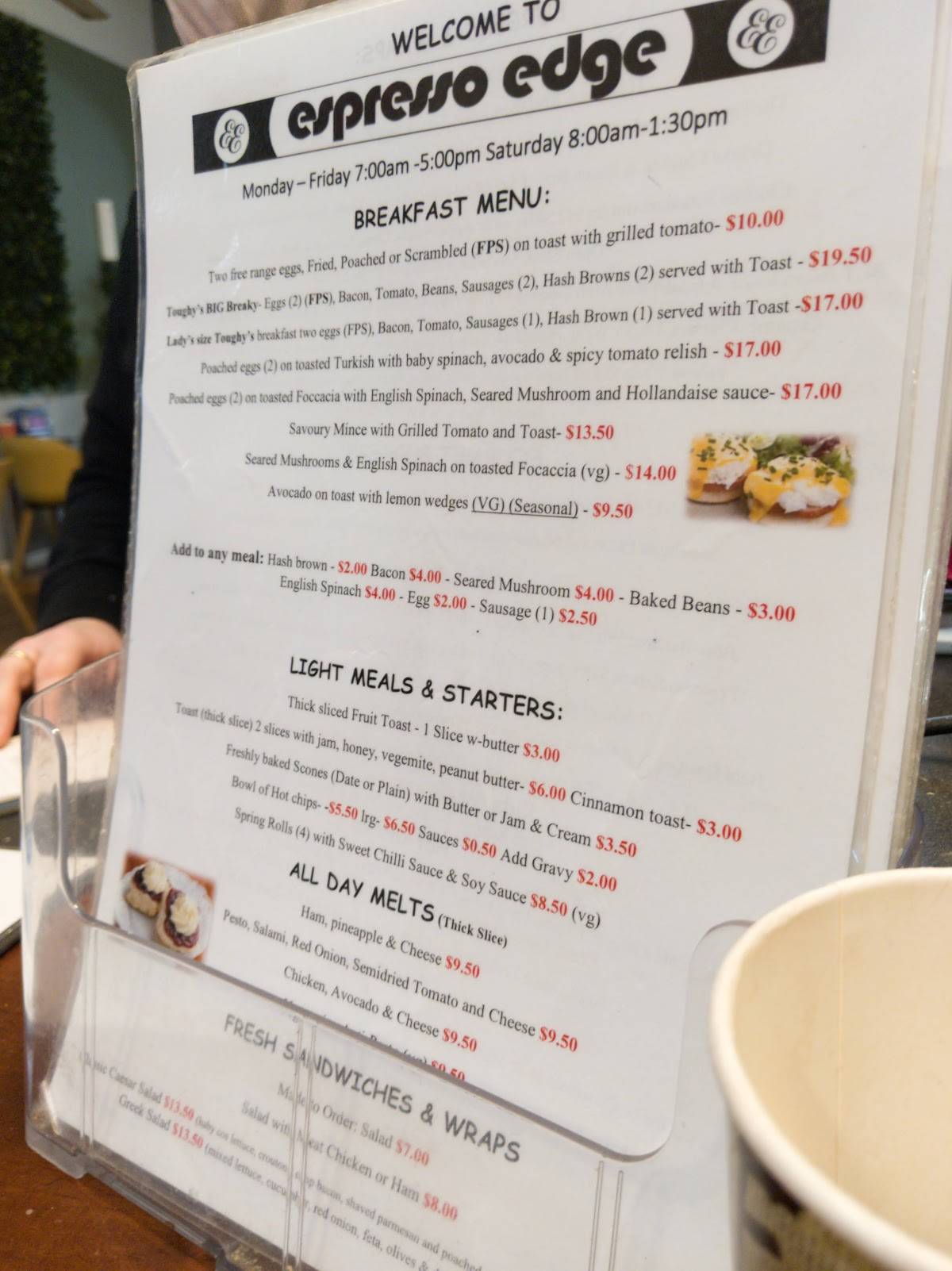 Menu at The Espresso Edge restaurant, Kyogle