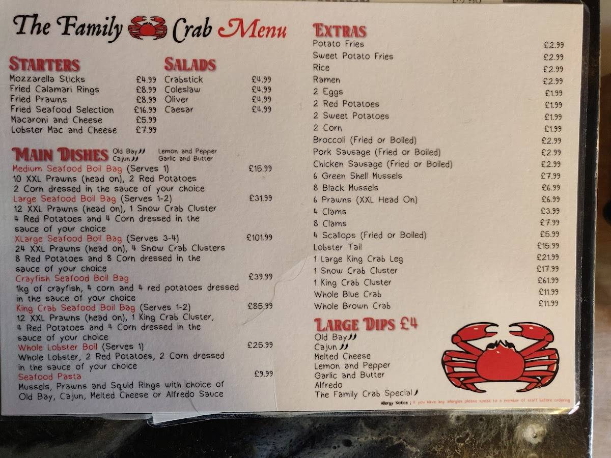 Menu at The Family Crab restaurant, Enfield